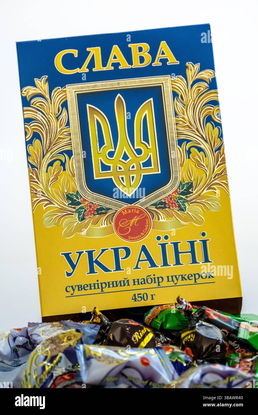 02.04.2025, Germany, Bremen, Bremen - Ukrainian box of chocolates Slava ...