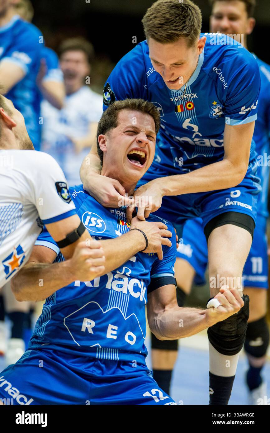 Leuven, Belgium. 13th May, 2025. Roeselare's Seppe Rotty celebrates ...