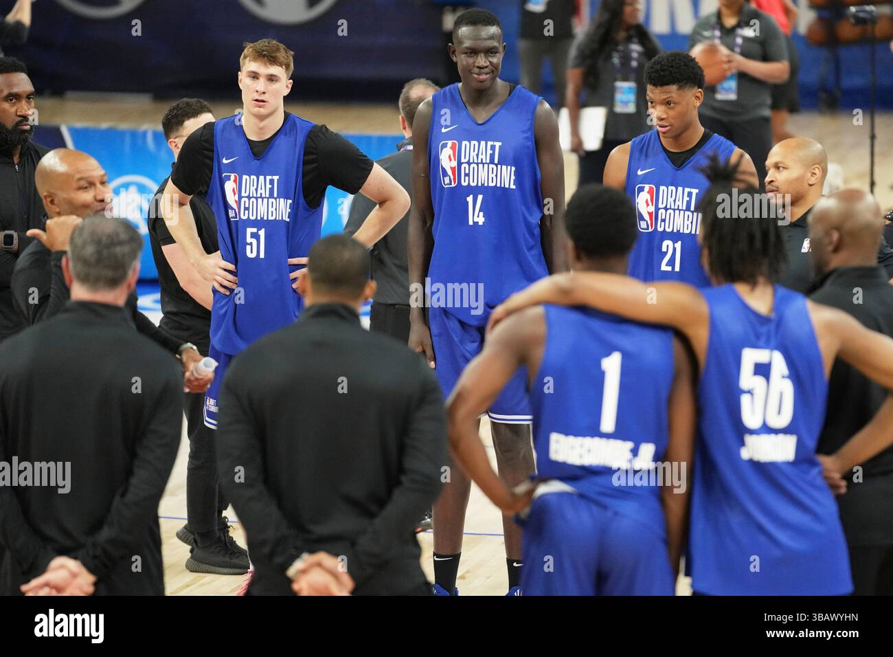 Cooper Flagg (51), Khaman Maluach (14) and Ace Bailey (21) participate at the 2025 NBA ...