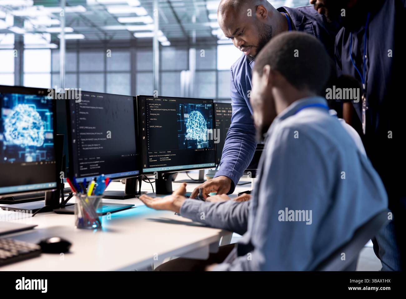 Teamworking coworkers doing brainstorming in server room, creating high ...