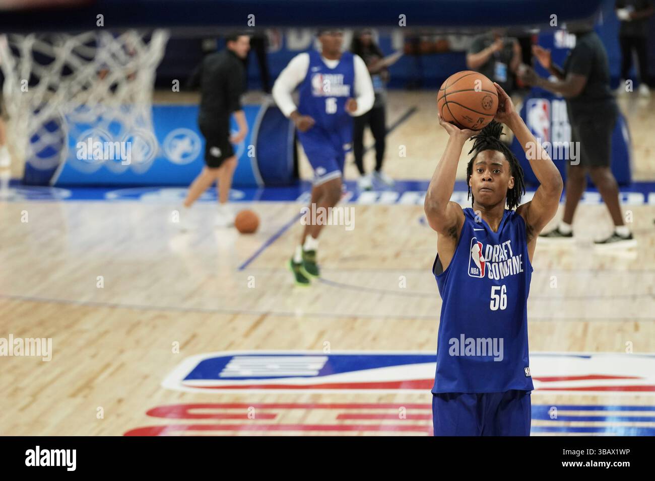 Tre Johnson participates in the 2025 NBA basketball draft combine in ...