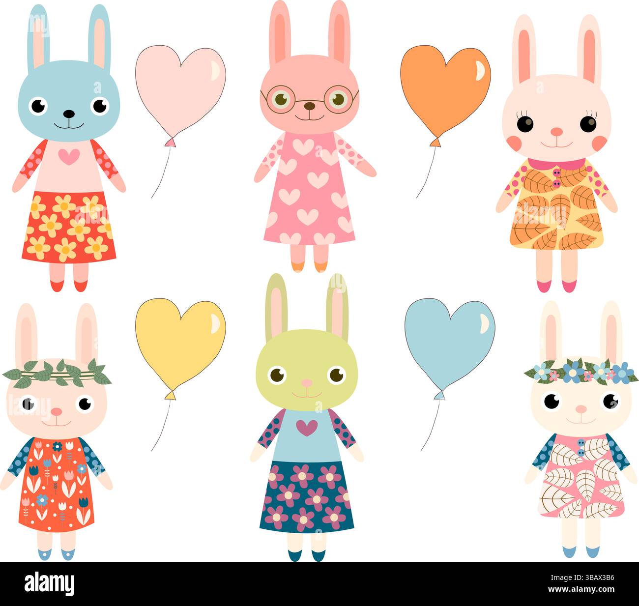 Cute colorful cartoon bunnies with heart shaped balloons Stock Vector ...
