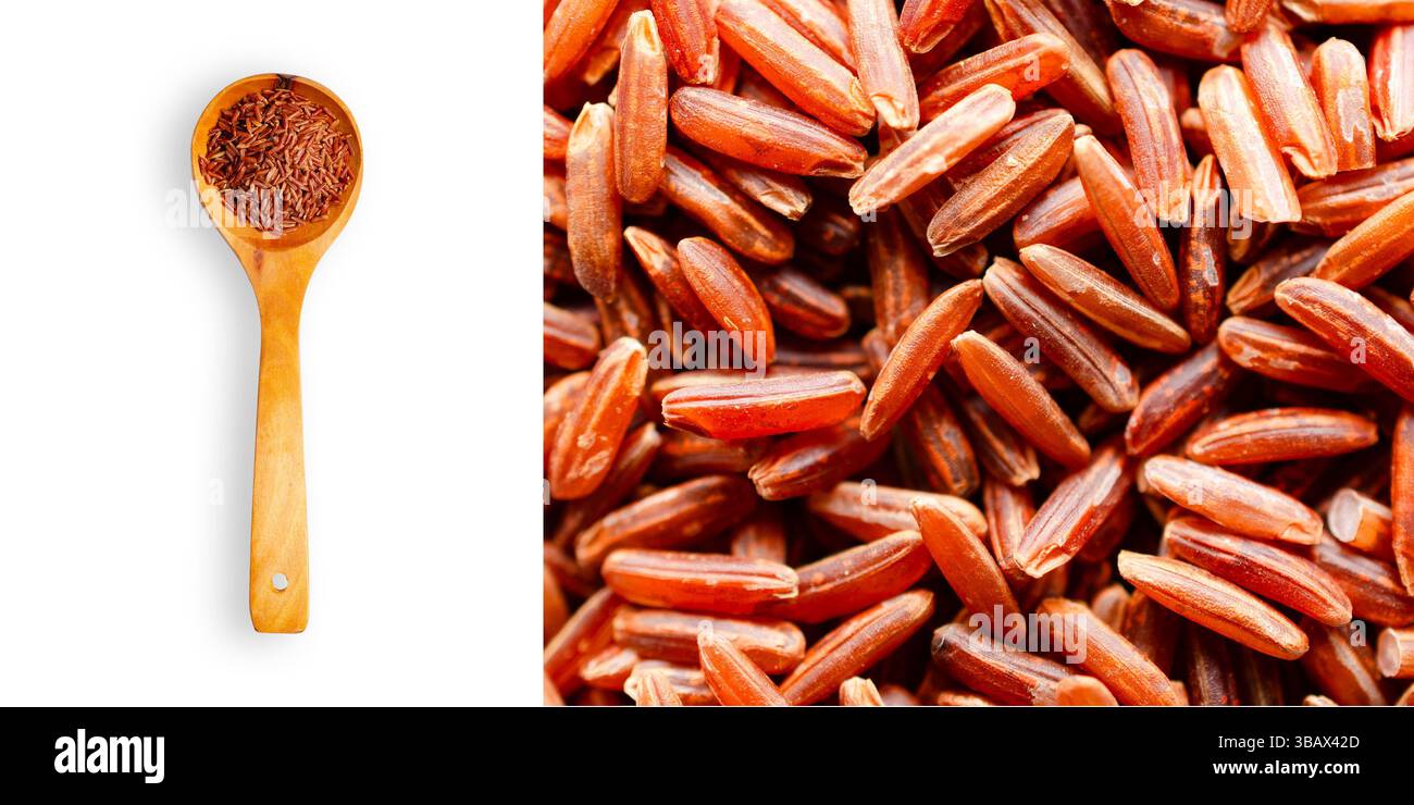 A spoonful of red rice on white background and a close up of red rice ...