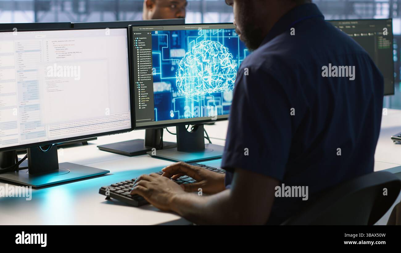 African american worker in data center implements advanced AI driven predictive maintenance ...