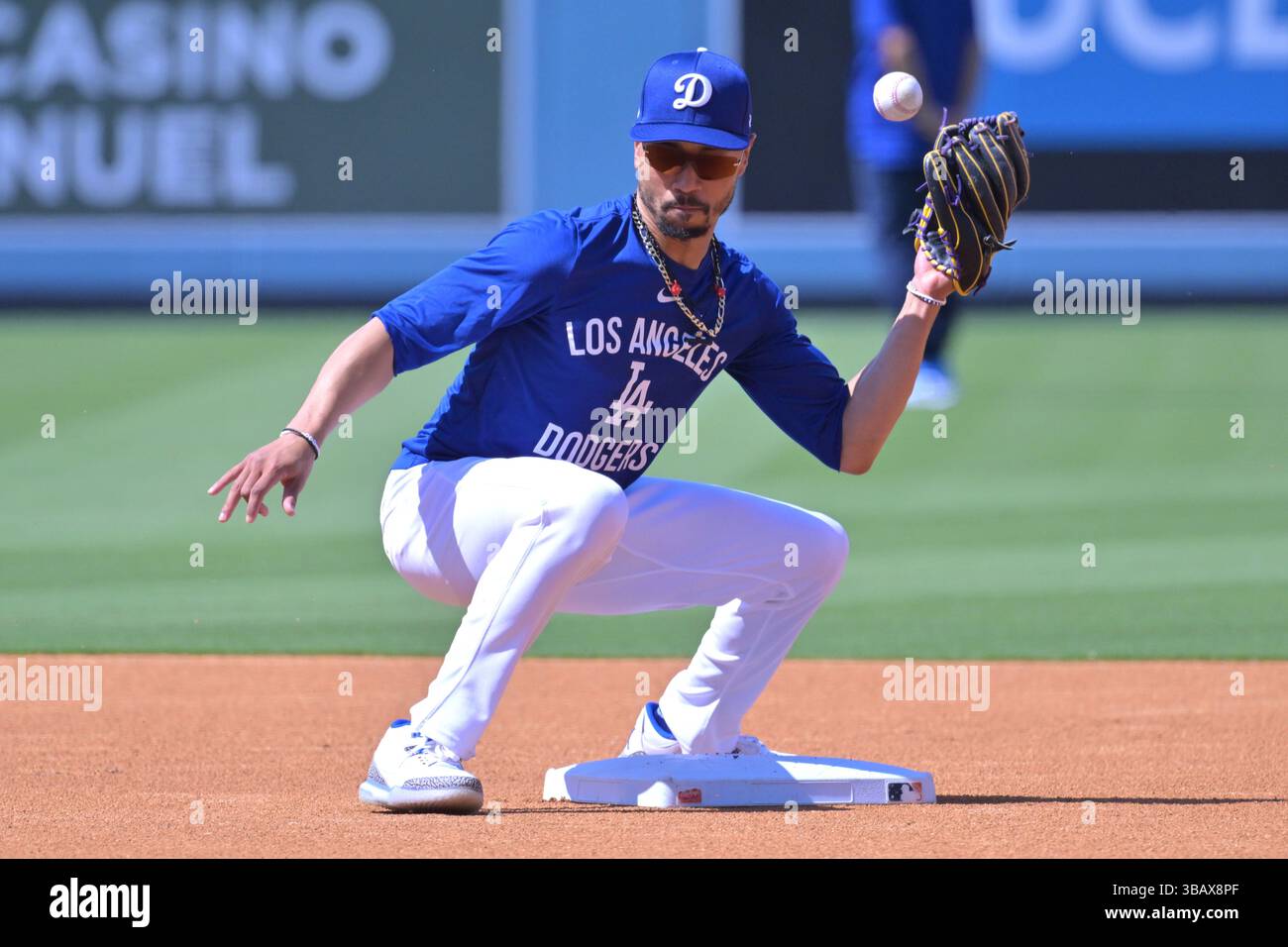 Los Angeles Dodgers shortstop Mookie Betts fields ground balls as he ...