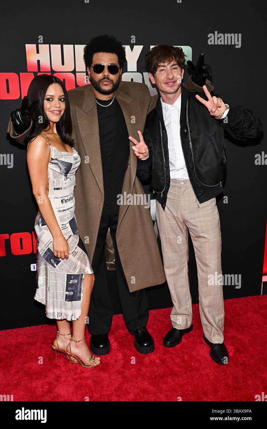 Jenna Ortega, from left, The Weeknd, and Barry Keoghan attend the premiere of "Hurry Up Tomorrow ...