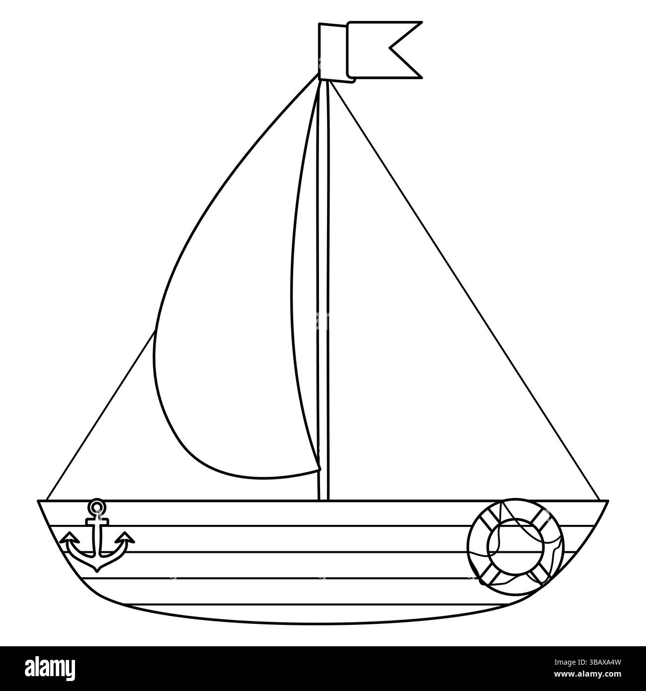 Coloring with summer outline drawing of sailboat with flag, anchor and ...