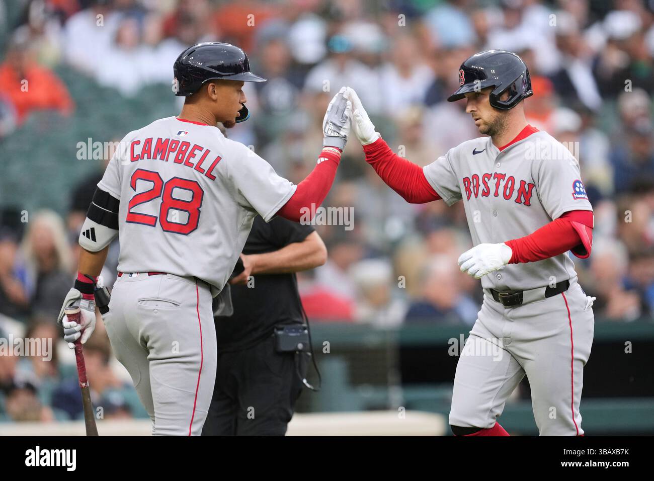 Boston Red Sox's Alex Bregman, right, celebrates his home run with ...