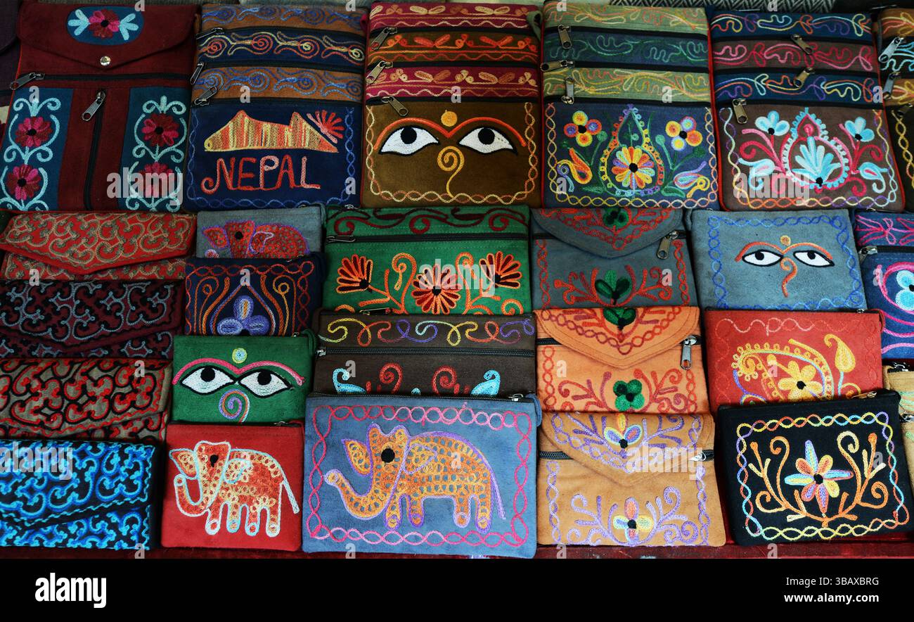 Colorful handicraft displayed at a souvenir shop in Thamel, Kathmandu ...