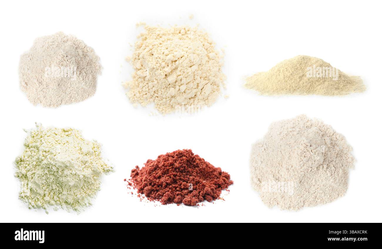 Different types of flour isolated on white, set. Top view Stock Photo ...