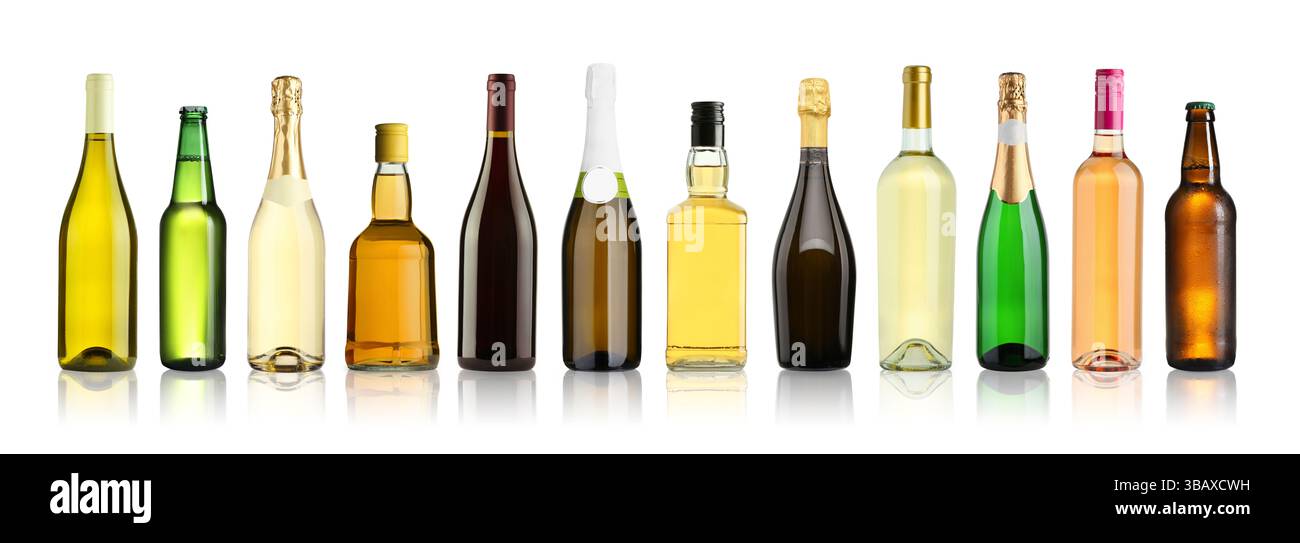 Bottles with different types of alcoholic drinks isolated on white, set ...