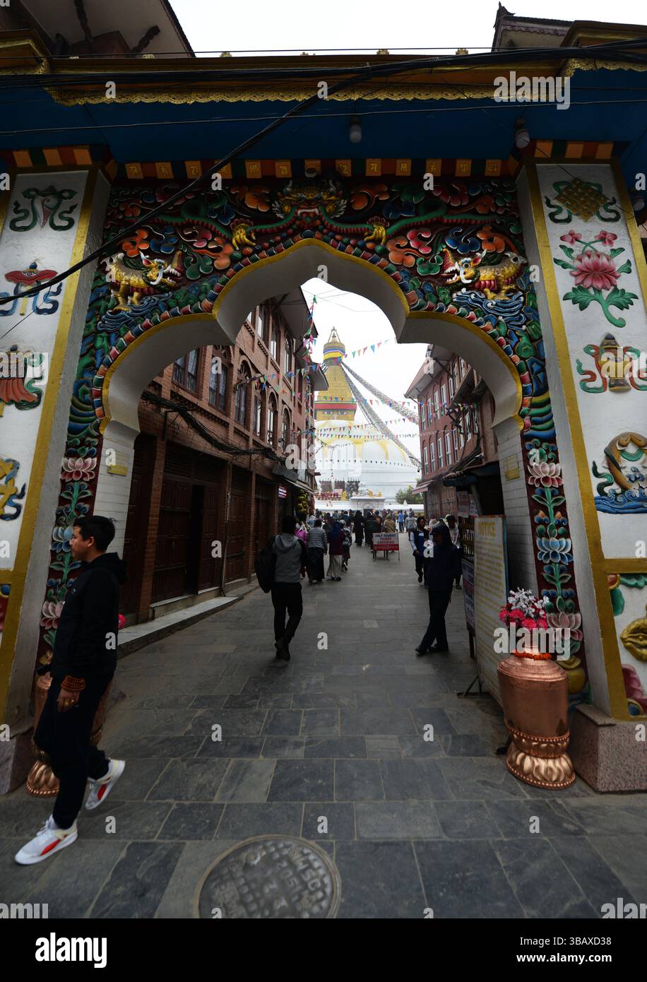 Gate to the Boudhanath temple from the main road. Kathmandu, Nepal ...