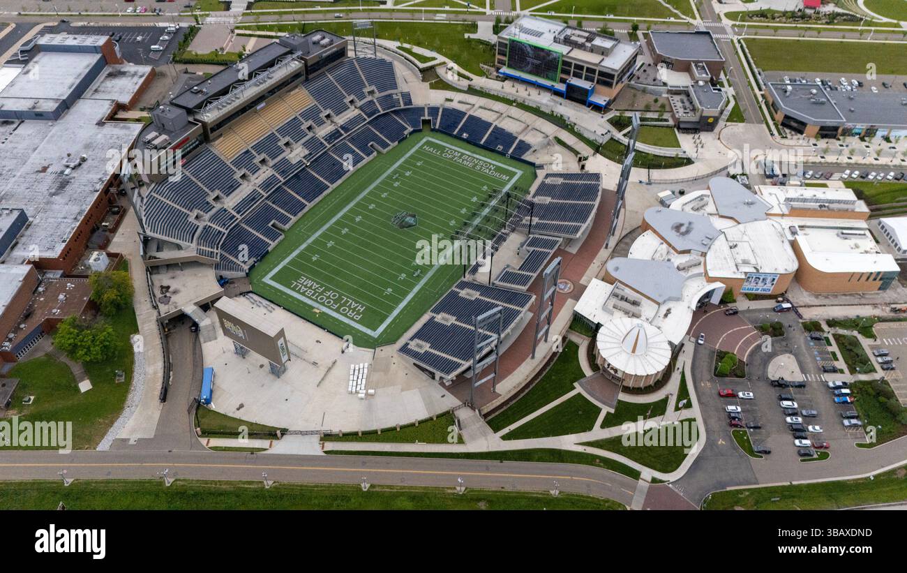 An aerial view of the Pro Football Hall of Fame and Tom Benson Hall of ...