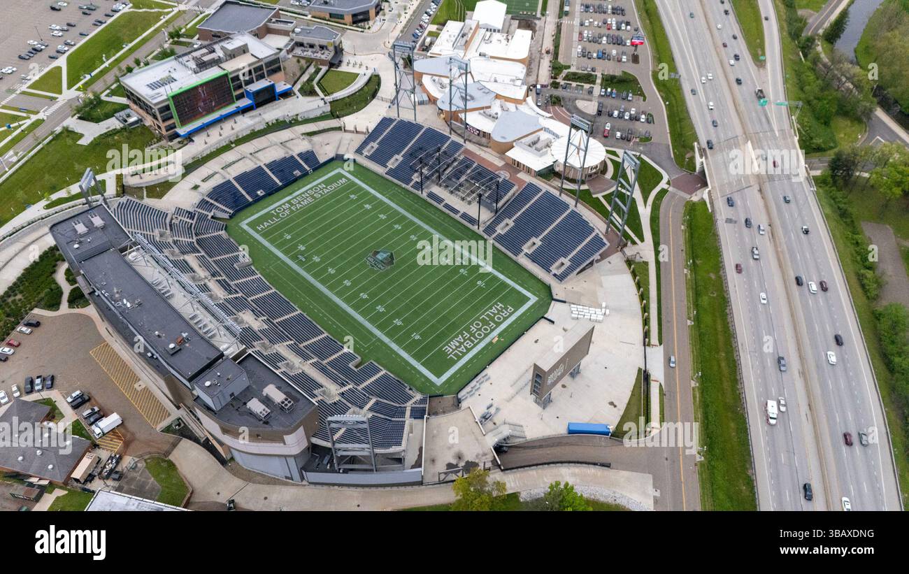 An aerial view of the Pro Football Hall of Fame and Tom Benson Hall of ...