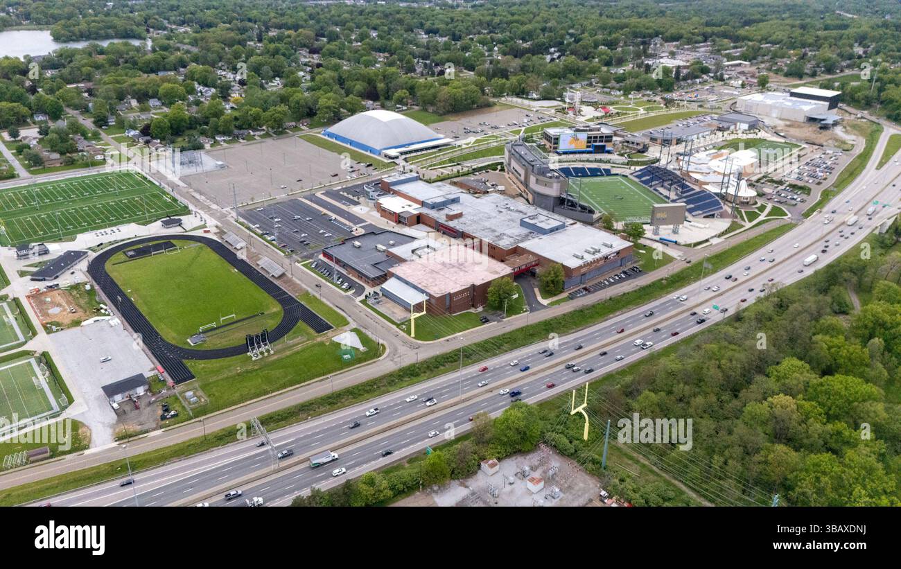 An aerial view of the Pro Football Hall of Fame and Tom Benson Hall of ...