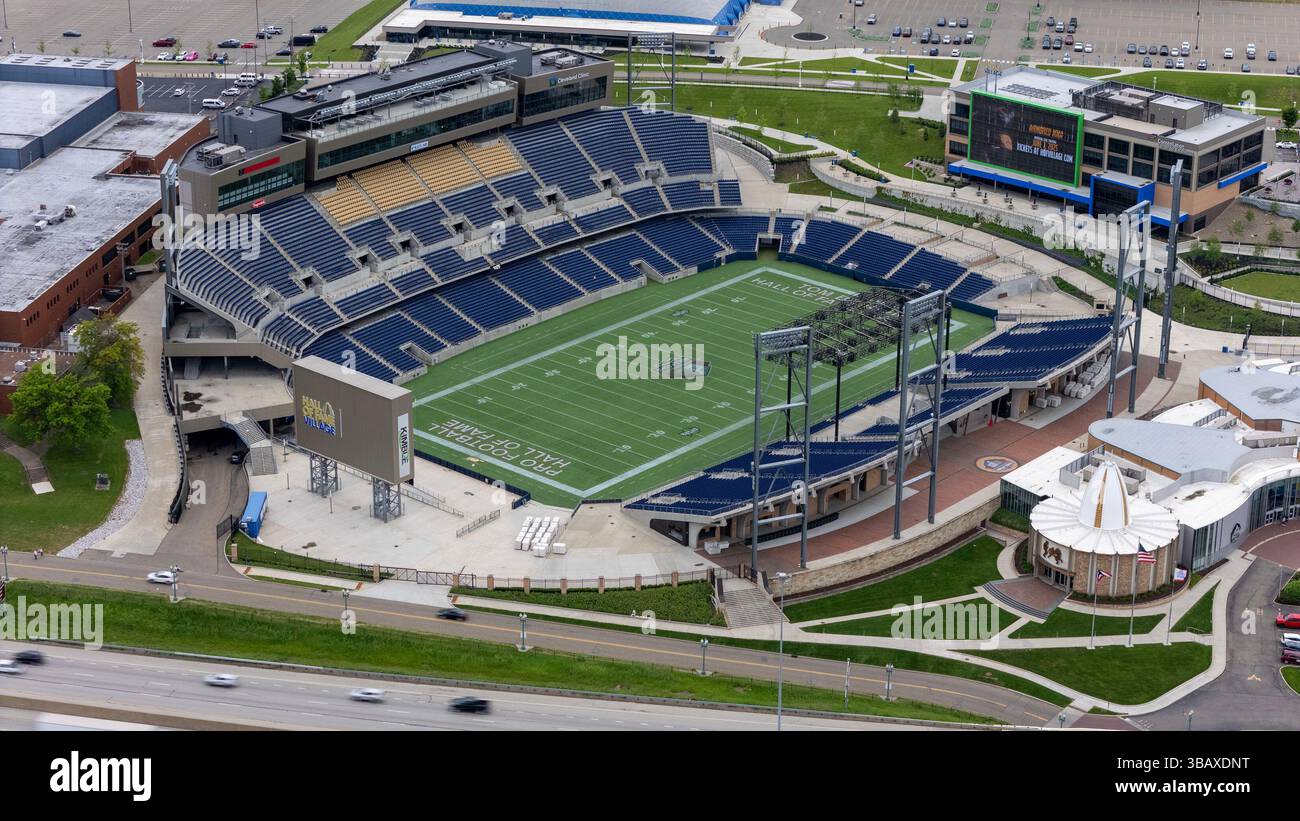 An aerial view of the Pro Football Hall of Fame and Tom Benson Hall of ...