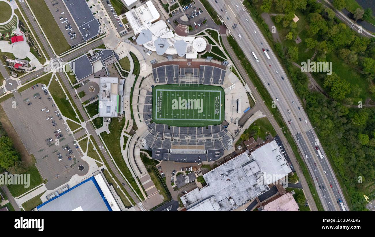 An aerial view of the Pro Football Hall of Fame and Tom Benson Hall of ...