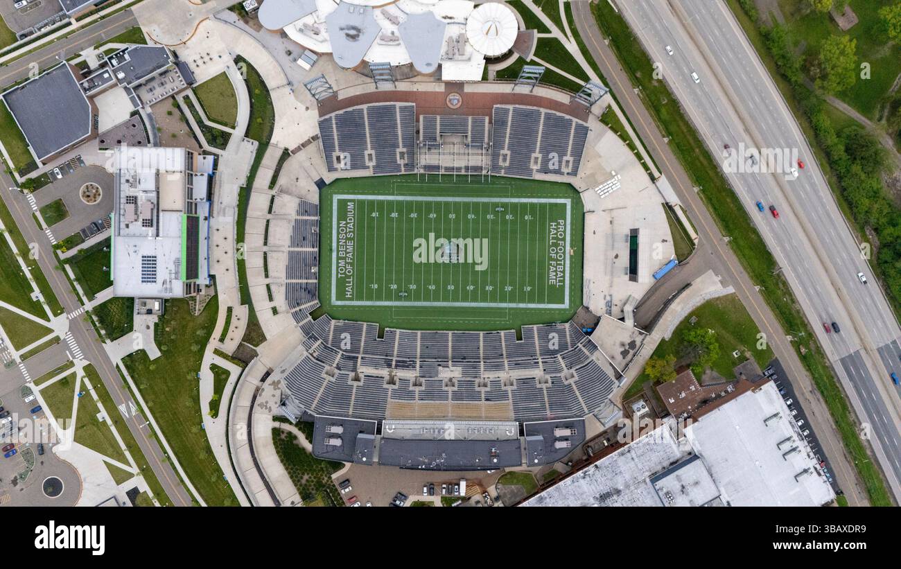 An aerial view of the Pro Football Hall of Fame and Tom Benson Hall of ...