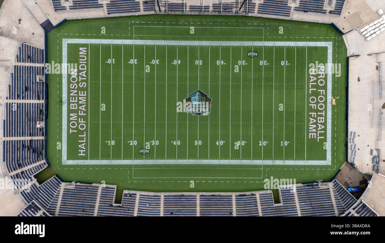 An aerial view of the Pro Football Hall of Fame and Tom Benson Hall of ...