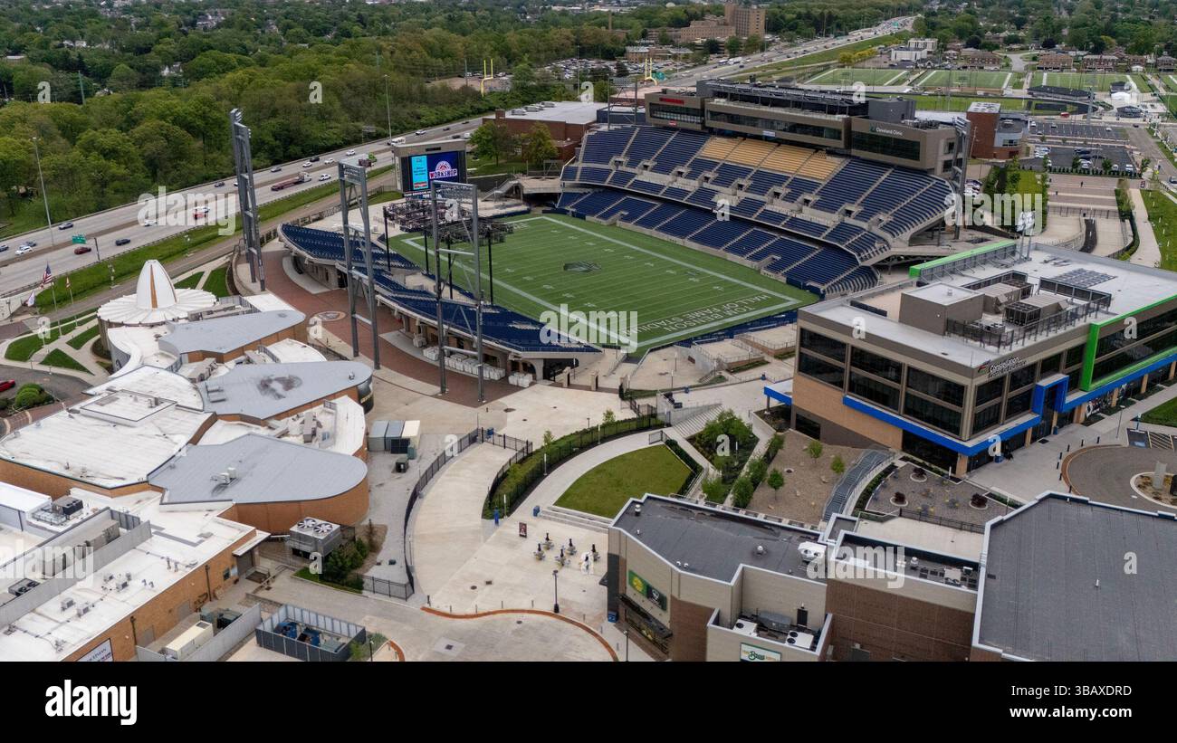 An aerial view of the Pro Football Hall of Fame and Tom Benson Hall of ...