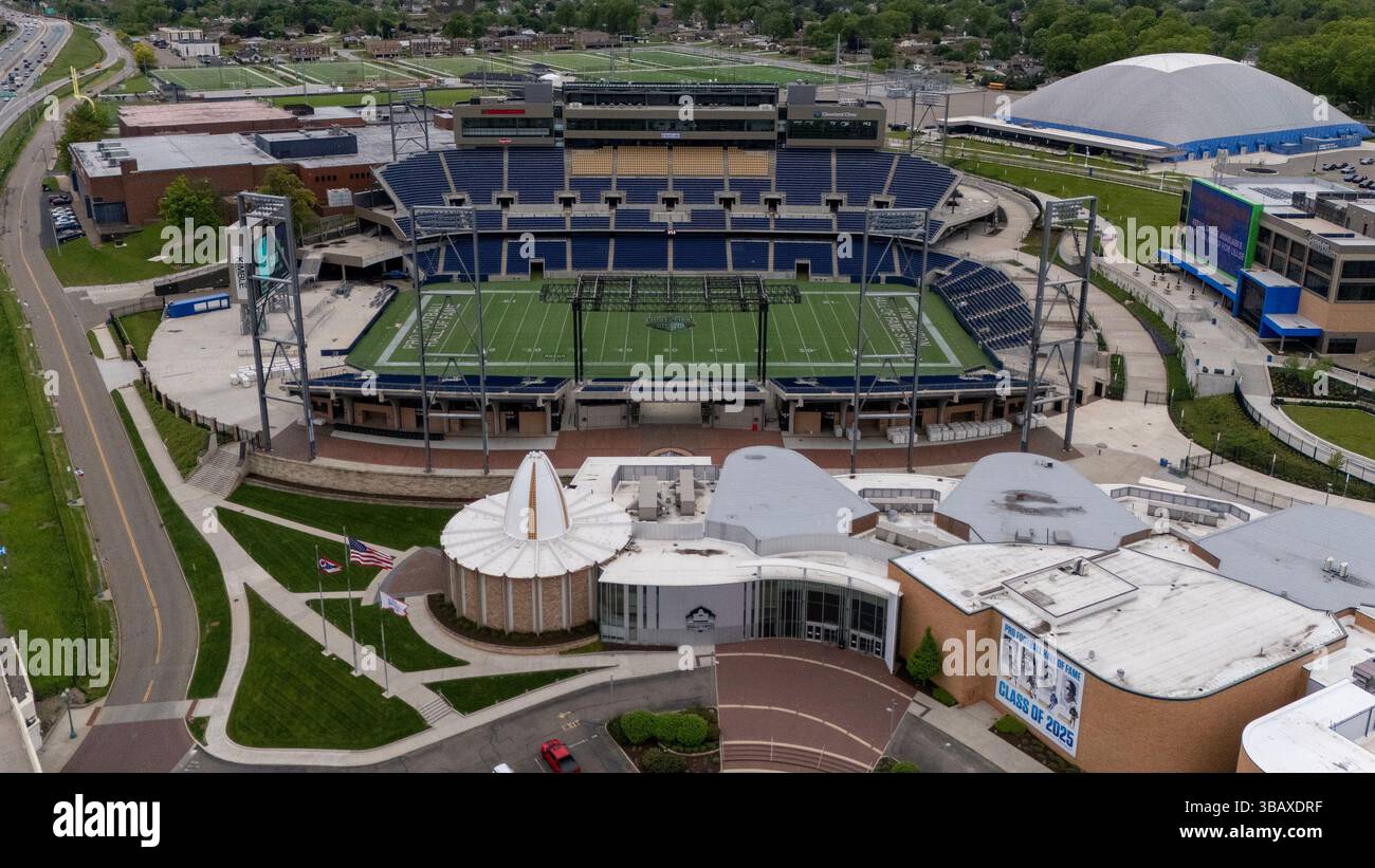 An aerial view of the Pro Football Hall of Fame and Tom Benson Hall of Fame Stadium in Canton ...