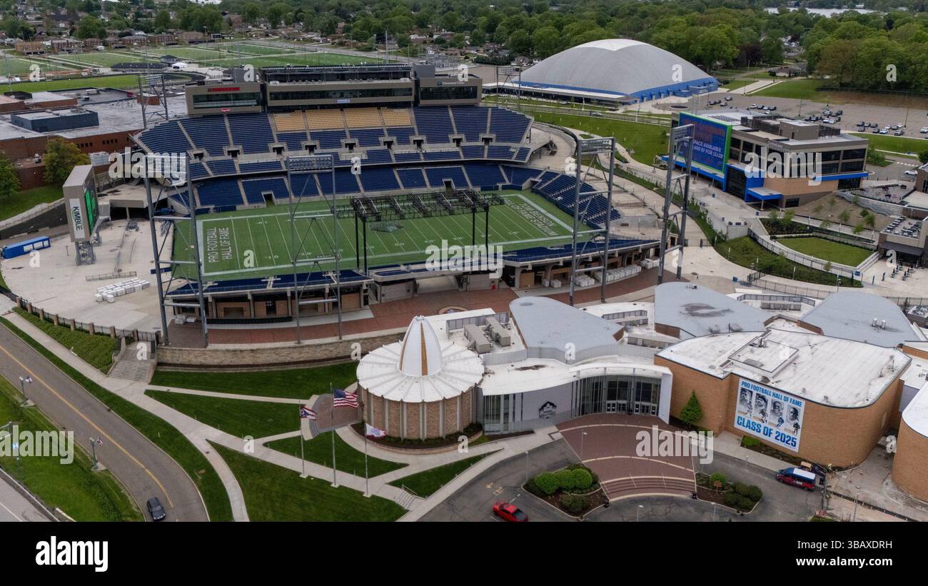 An aerial view of the Pro Football Hall of Fame and Tom Benson Hall of ...