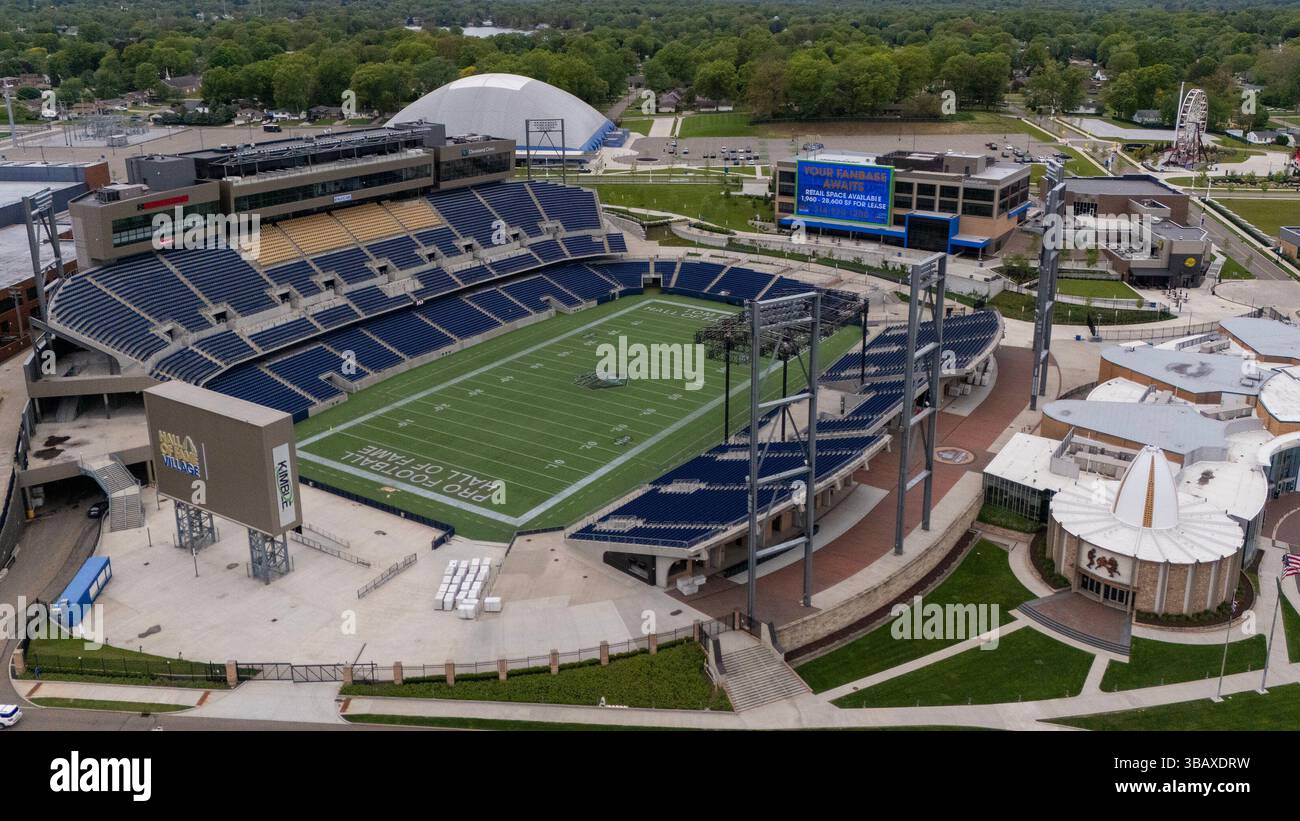 An aerial view of the Pro Football Hall of Fame and Tom Benson Hall of ...