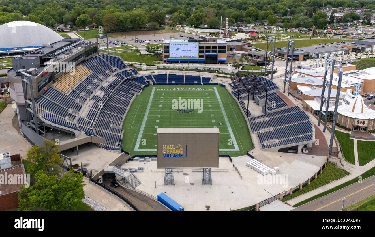 An aerial view of the Pro Football Hall of Fame and Tom Benson Hall of ...