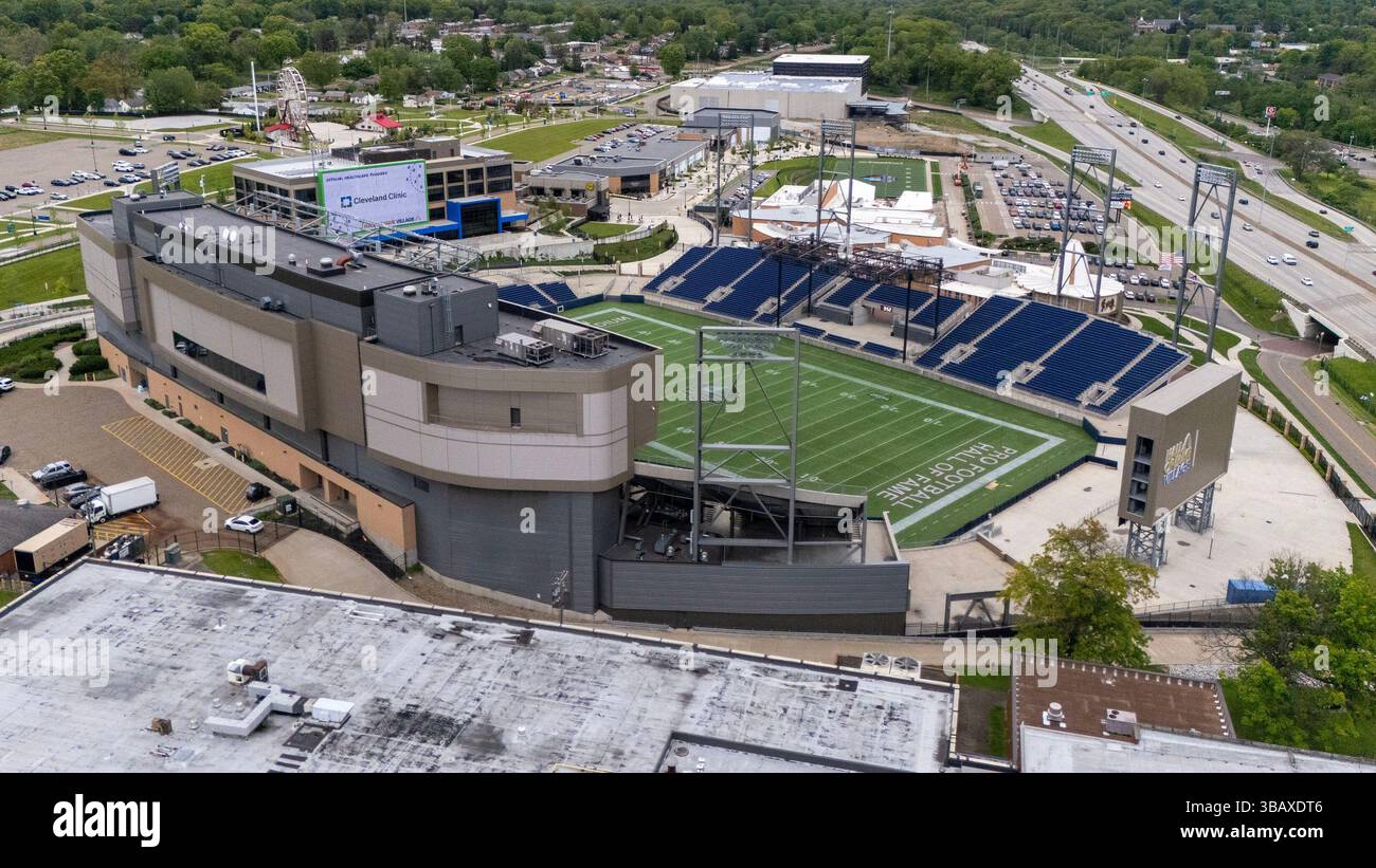 An aerial view of the Pro Football Hall of Fame and Tom Benson Hall of ...