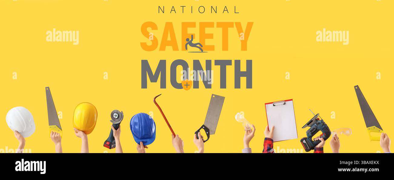 Many hands with construction tools on yellow background. Banner for ...