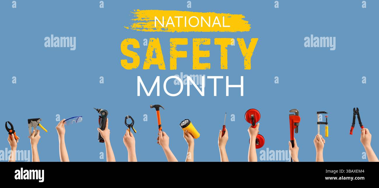 Many hands with construction tools on blue background. Banner for ...