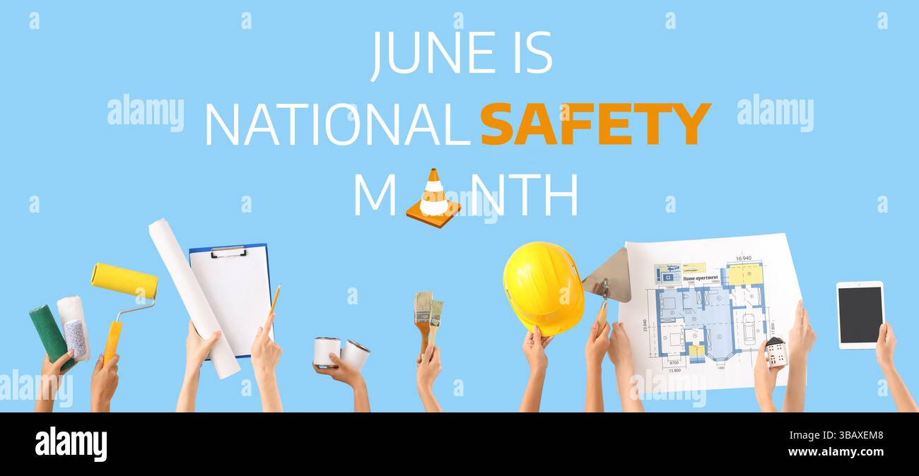 Many hands with construction tools and drawings on blue background ...