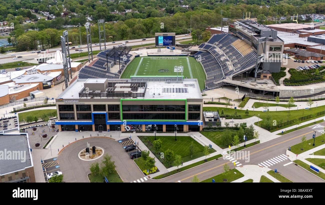 Akron, USA. 13th May, 2025. An aerial view of the Pro Football Hall of ...