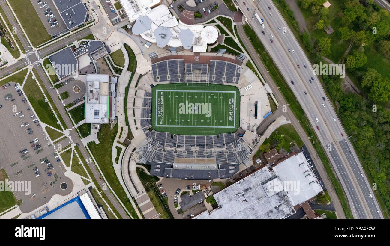 Akron, USA. 13th May, 2025. An aerial view of the Pro Football Hall of ...