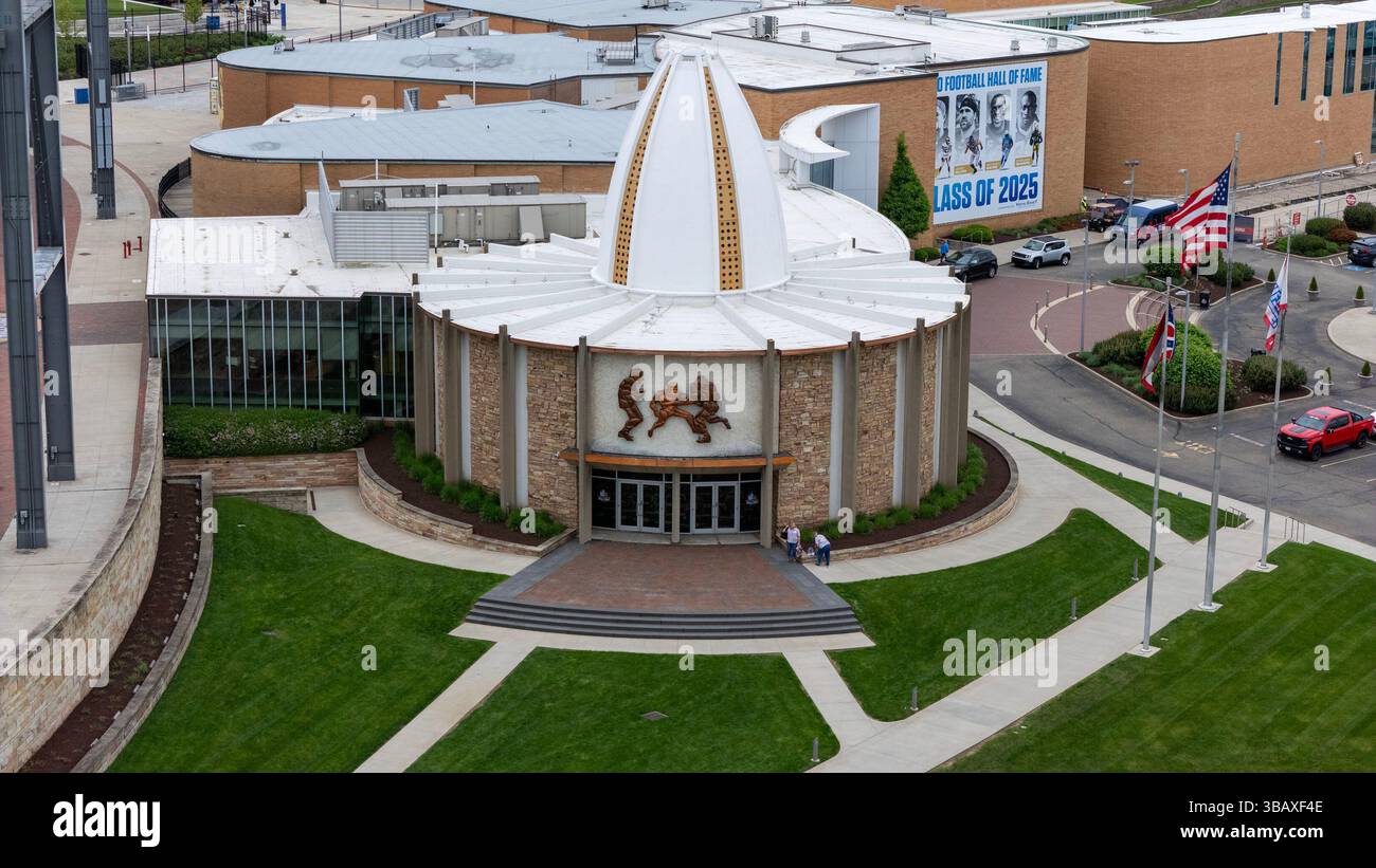 Akron, USA. 13th May, 2025. An aerial view of the Pro Football Hall of ...
