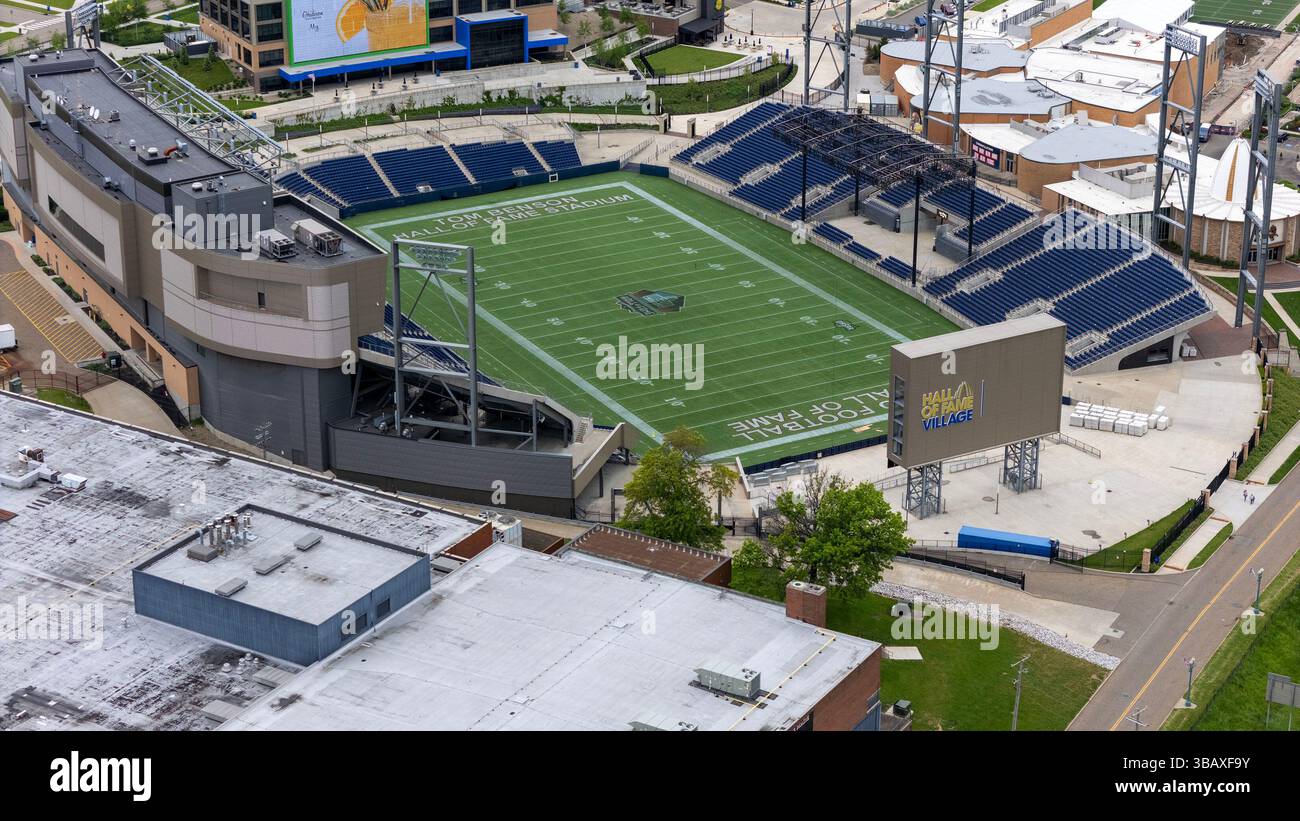 Akron, USA. 13th May, 2025. An aerial view of the Pro Football Hall of ...