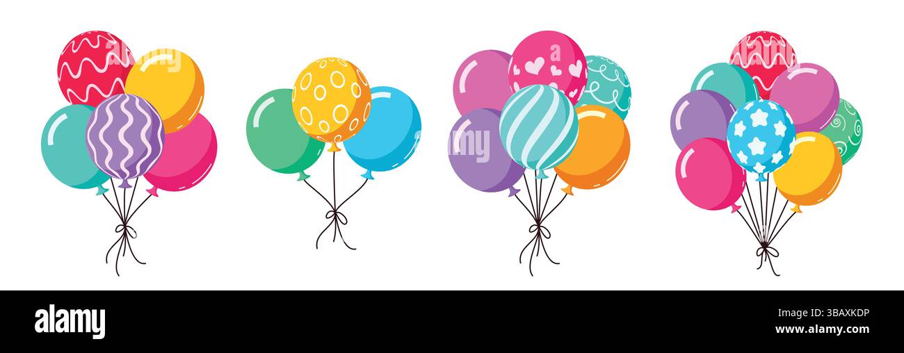 Colorful bunch of balloons clipart set. Birthday inflatable balloon ...