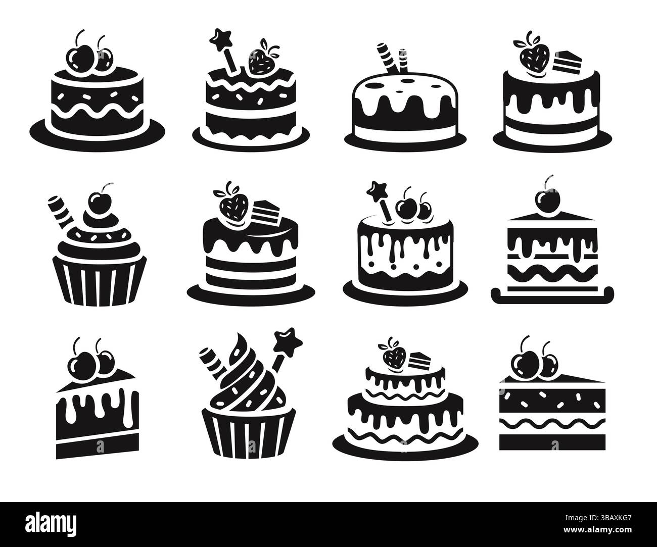 Birthday cake silhouette clipart set. Black cupcake drawing icon ...