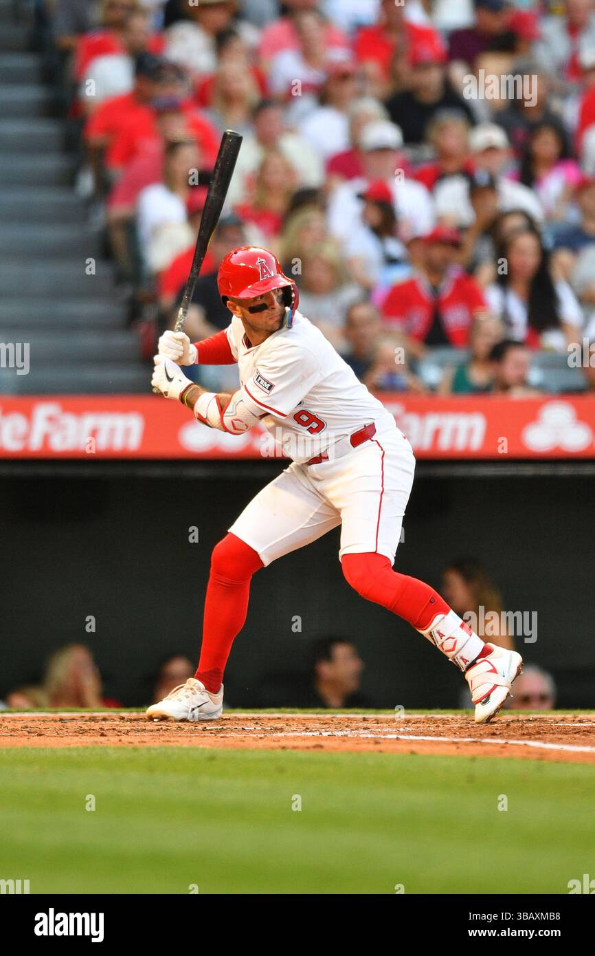 ANAHEIM, CA - MAY 10: Los Angeles Angels shortstop Zach Neto (9) at bat ...