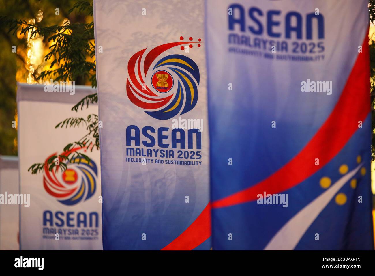 Kuala Lumpur, Malaysia. 12th May, 2025. ASEAN flags decorate the ...