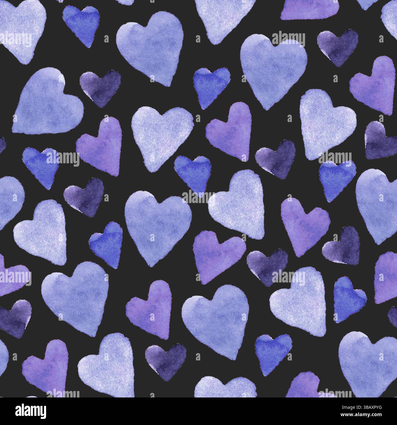Seamless pattern with hand-drawn watercolor blue hearts on indigo ...