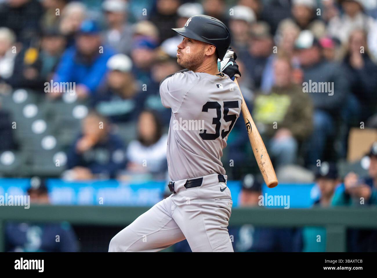 New York Yankees' Cody Bellinger hits a double during the first inning ...
