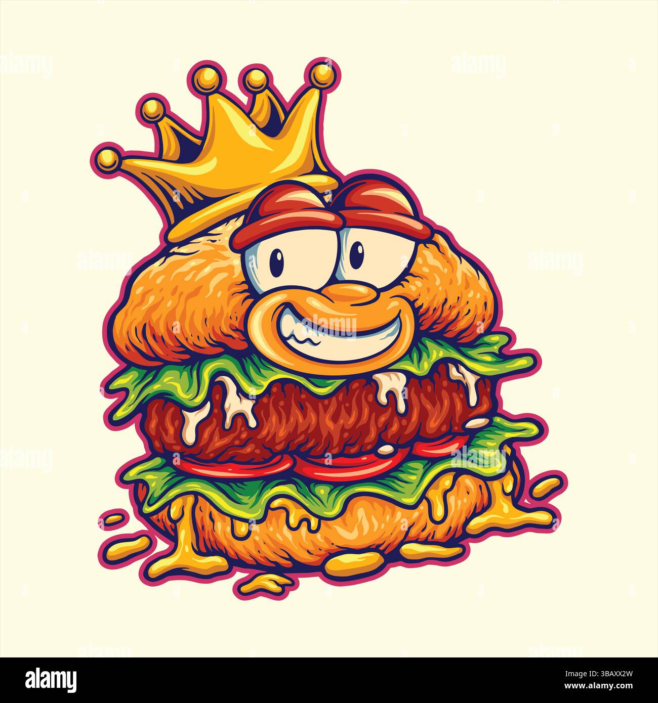 Cartoon Burger King With Golden Crown And Smiling Face vector ...