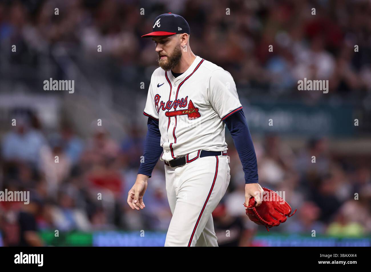 Atlanta Braves pitcher Dylan Lee reacts in the eighth inning of a ...