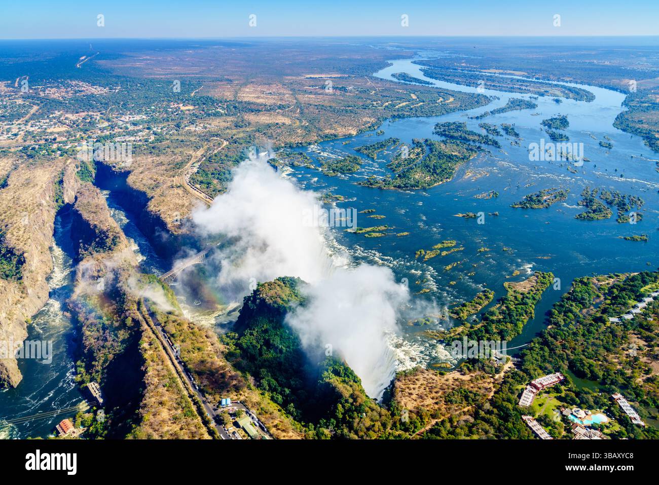 Aerial view of the Zambezi River and the Victoria Falls in Zimbabwe ...