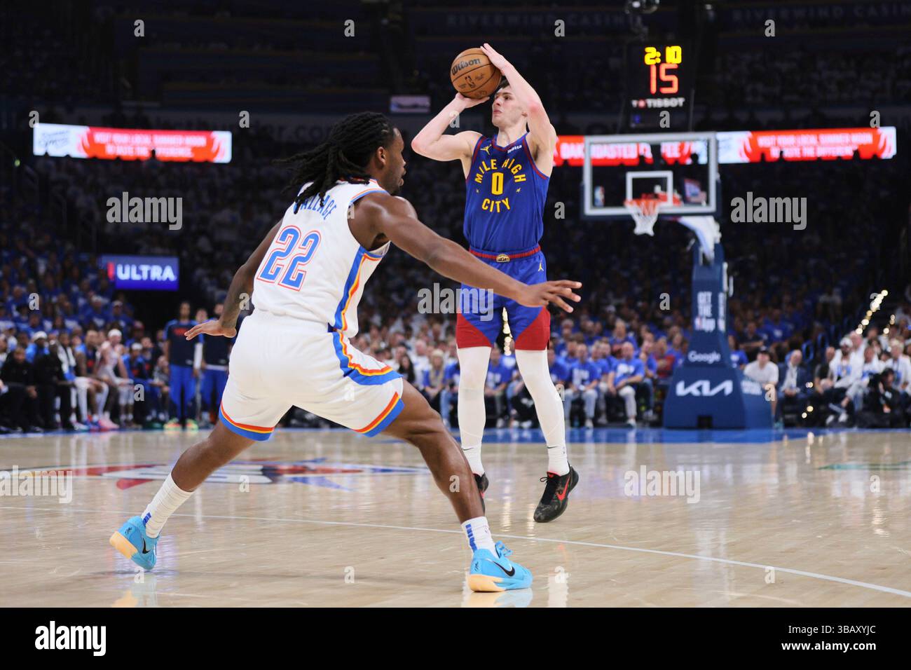 Denver Nuggets guard Christian Braun (0) defends as Oklahoma City ...