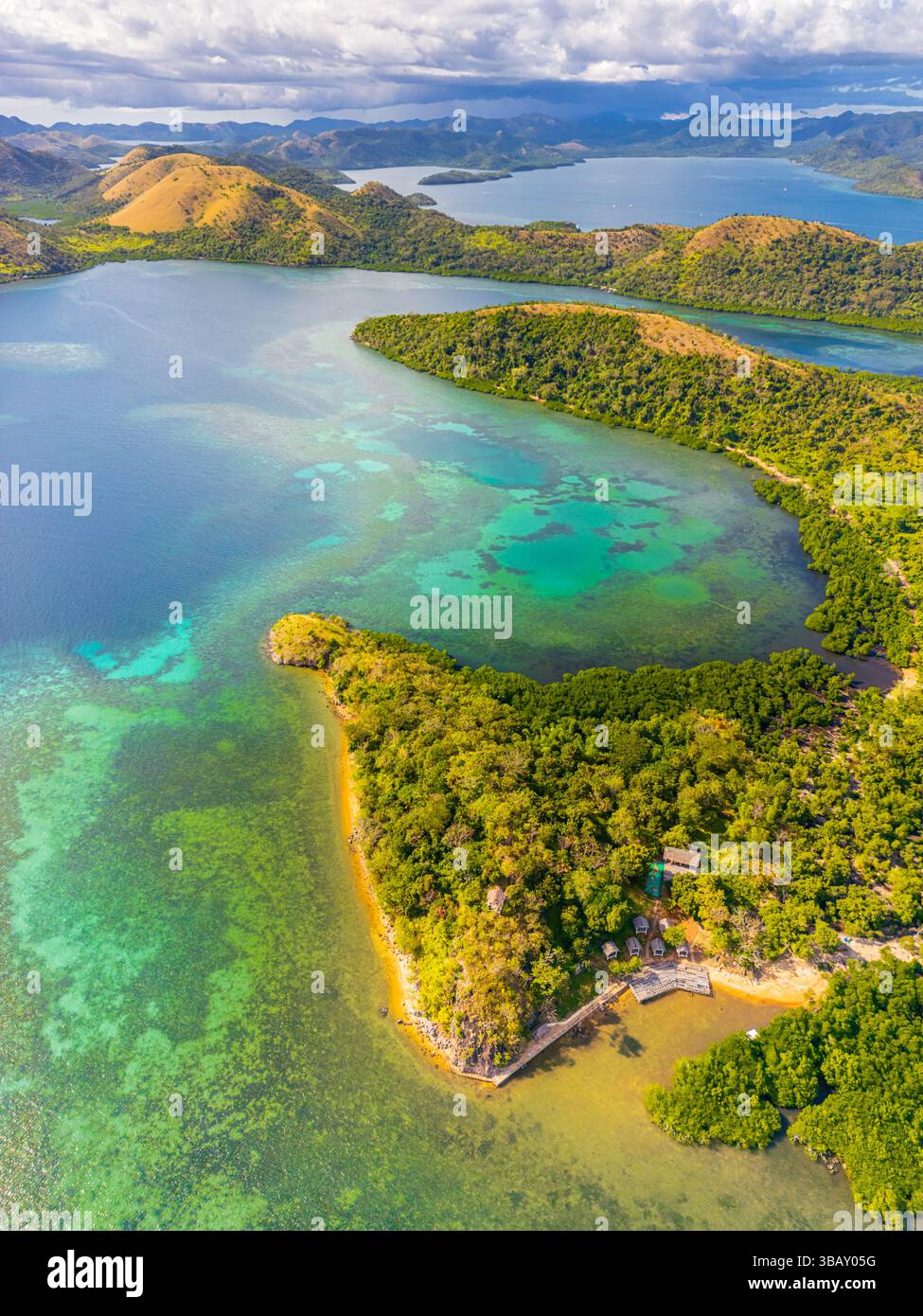 Aerial view of beautiful lagoons and limestone cliffs of Coron, Palawan ...