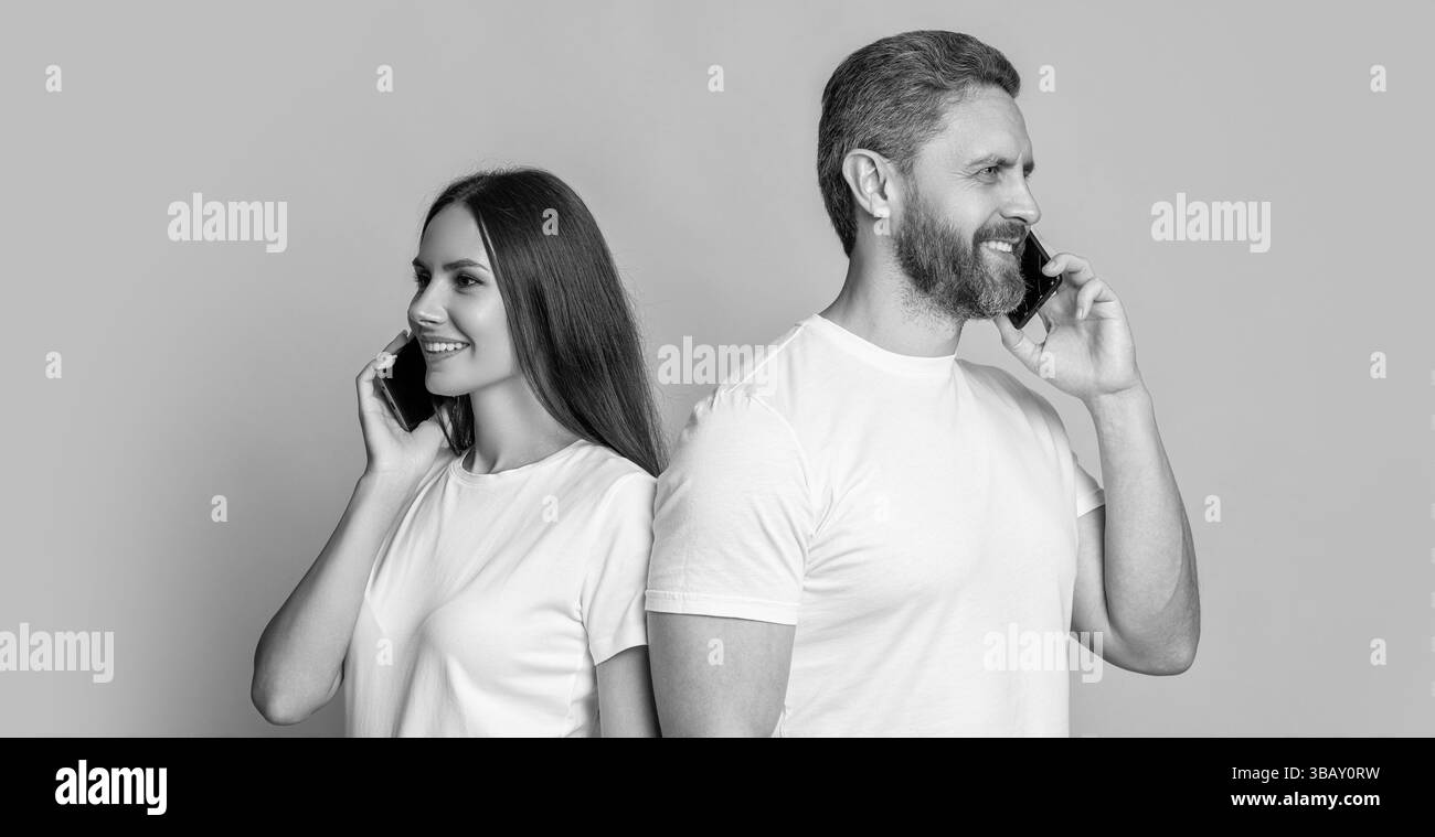 Modern communication technology. Man and woman speak on phone. Family ...