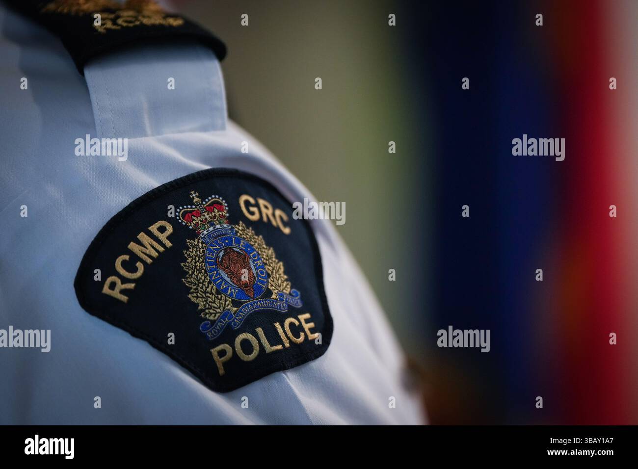 Surrey, Canada. 28th Apr, 2023. An RCMP patch is seen on the shoulder ...