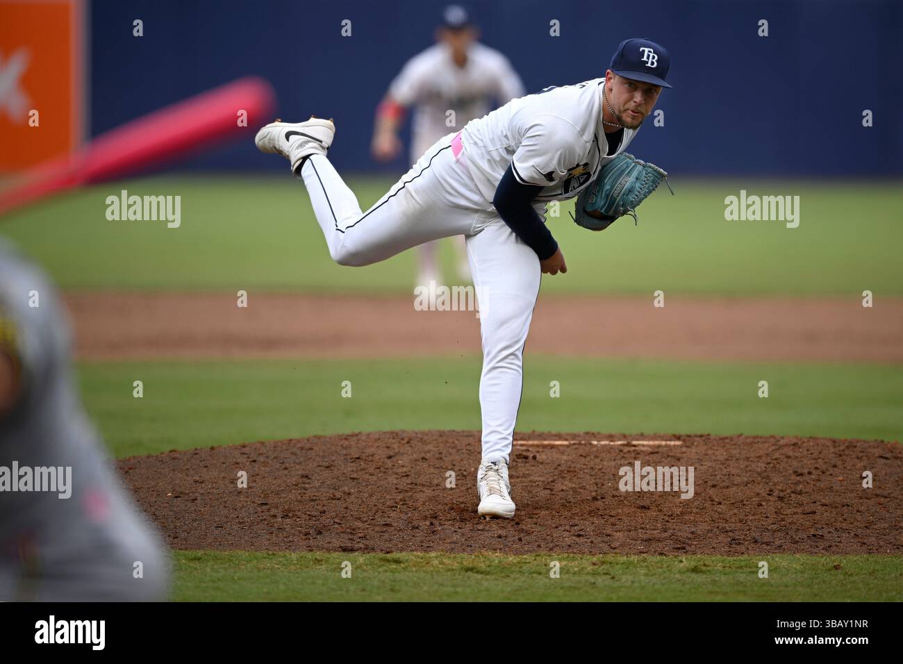 Tampa Bay Rays pitcher Eric Orze throws to home plate during the eighth ...